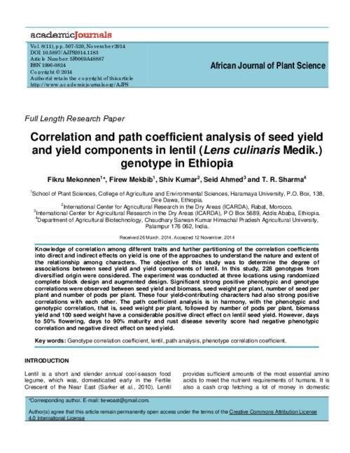 Correlation and path coefficient analysis of seed yield and yield components in Lentil (Lens ...