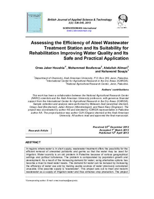 Assessing the Efficiency of Ateel Wastewater Treatment Station and Its ...